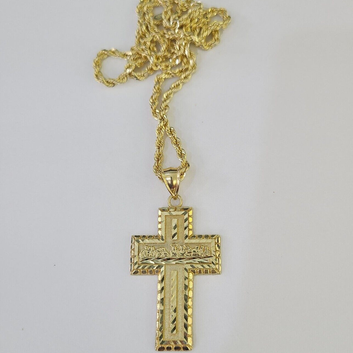 10k 3mm Rope Chain Last Supper Cross Pendant 18"-30" Gold Set Charm Ne ...