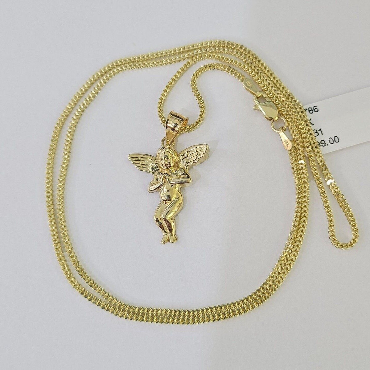 10K Gold Franco Chain Praying Angel Charm SET 16-20 inches 1mm Ladies ...