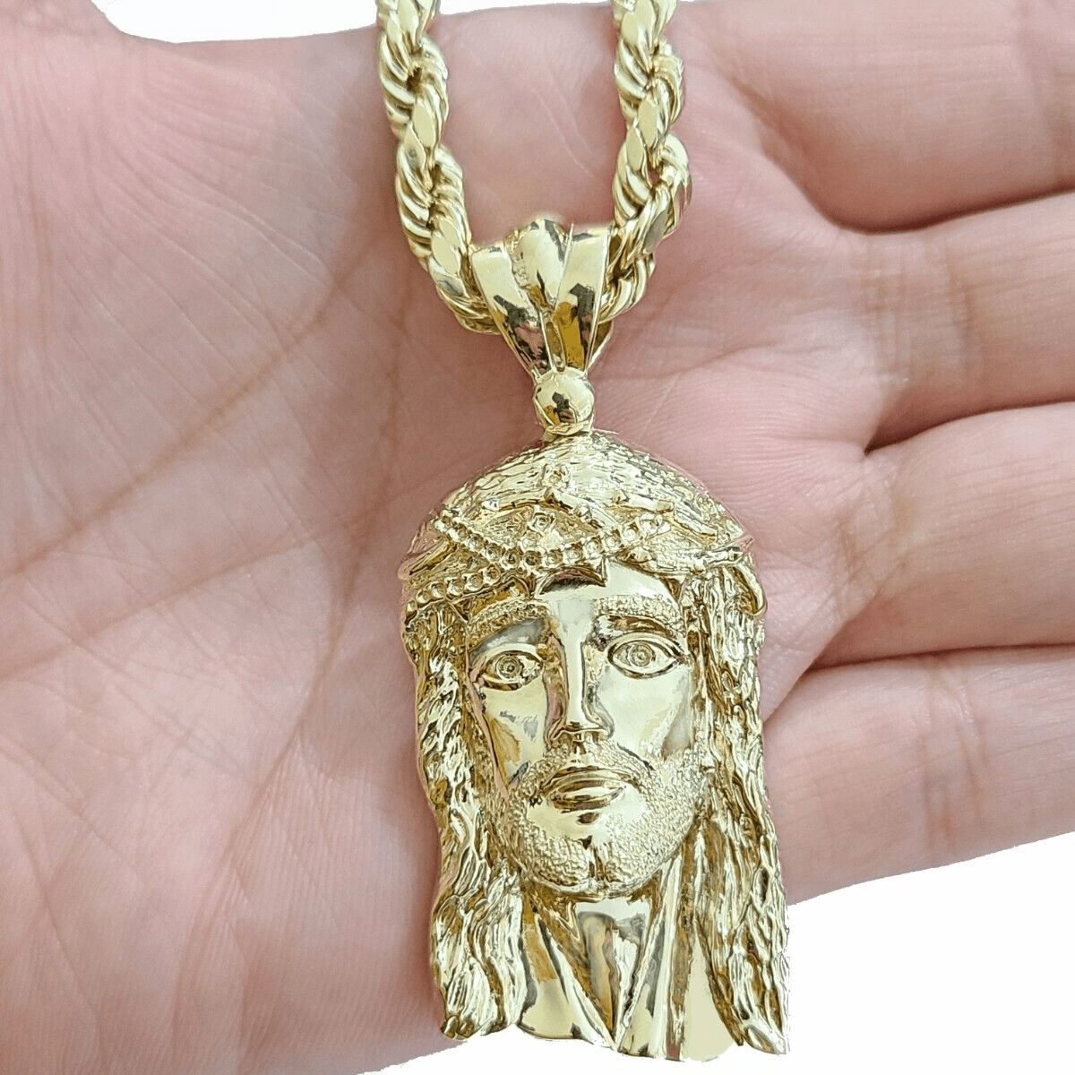 10k Gold Jesus Head Charm Rope Chain Necklace 6mm 26'' Set & Pendant 1 ...