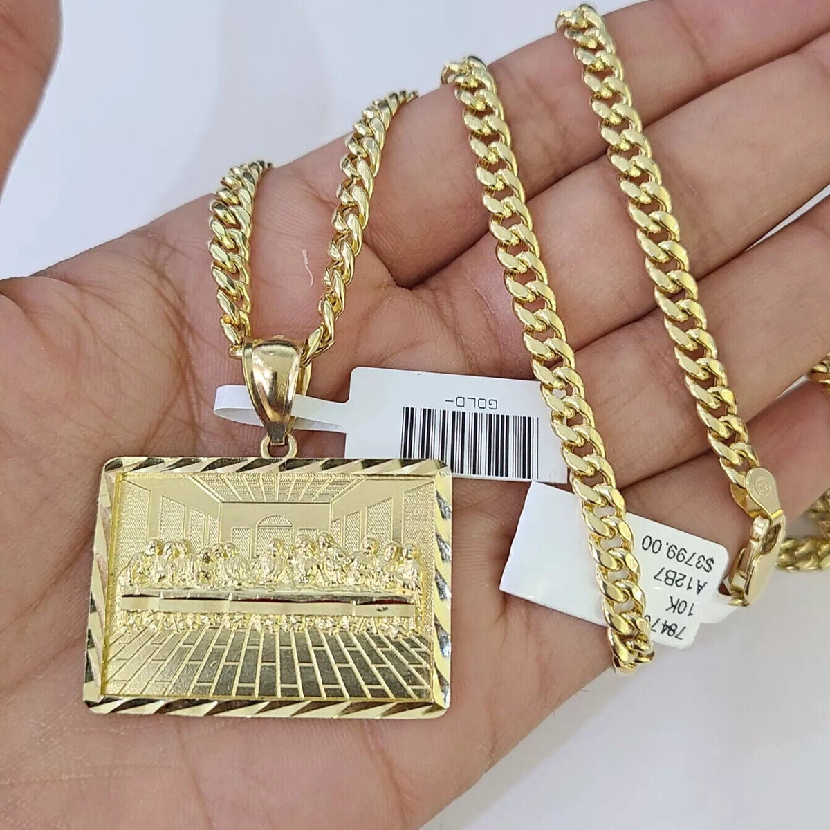 10k Gold Miami Cuban Link Chain Necklace 5mm & Last Supper Charm Penda ...