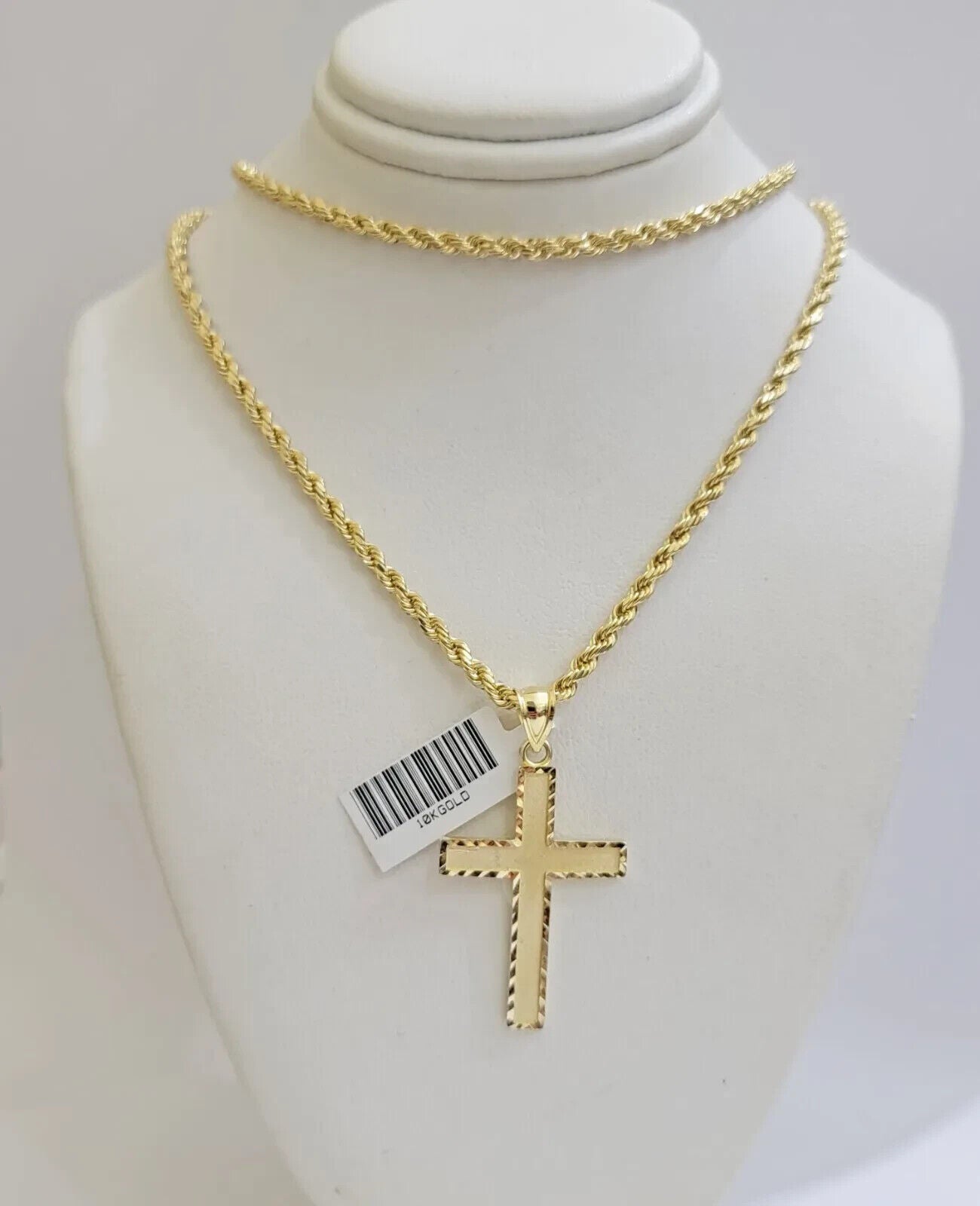 10K Gold Rope Chain Cross Pendant Set 3mm 20 inch Necklace Charm Real 10kt