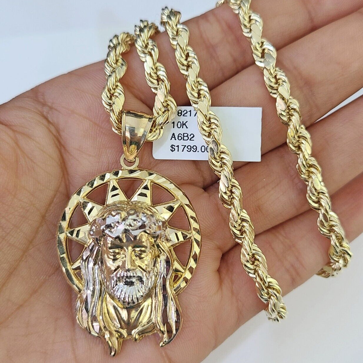 Gold 10k Rope Chain & Jesus Head Charm SET 5mm 22 Inches Necklace ...