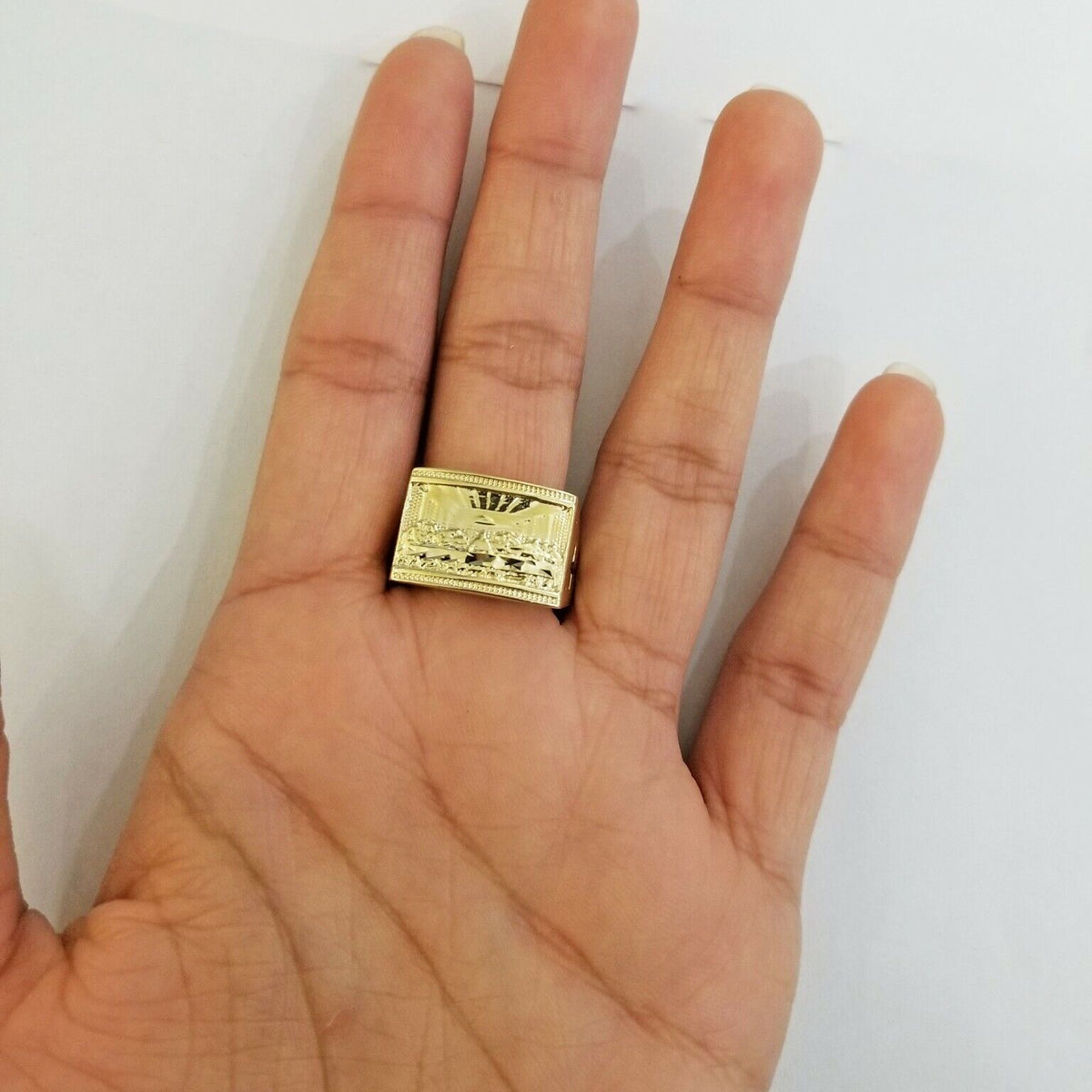 10k Real Yellow Gold Last Supper Ring Men Ring Size 10 Sizable Cross ...