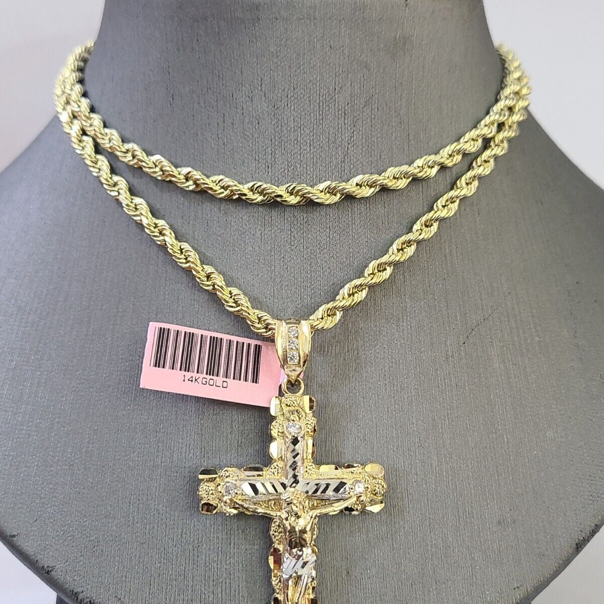 14k Yellow Gold Rope Chain & Jesus Nugget Cross Charm SET 4mm 26 Inche ...