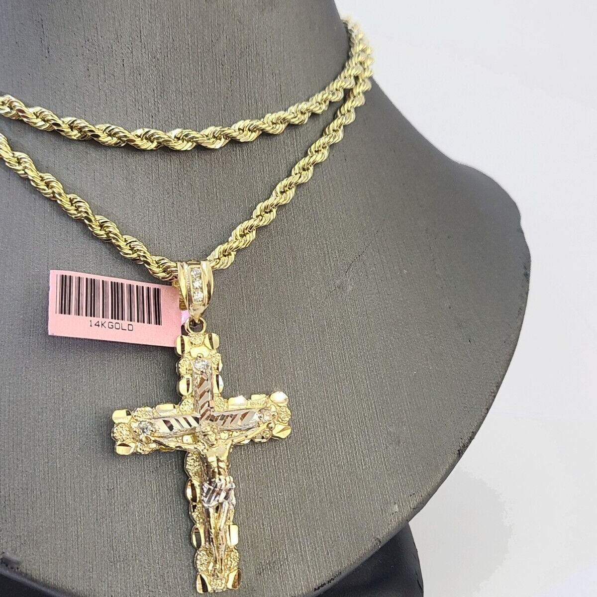 14k Yellow Gold Rope Chain & Jesus Nugget Cross Charm SET 5mm 22 Inche ...