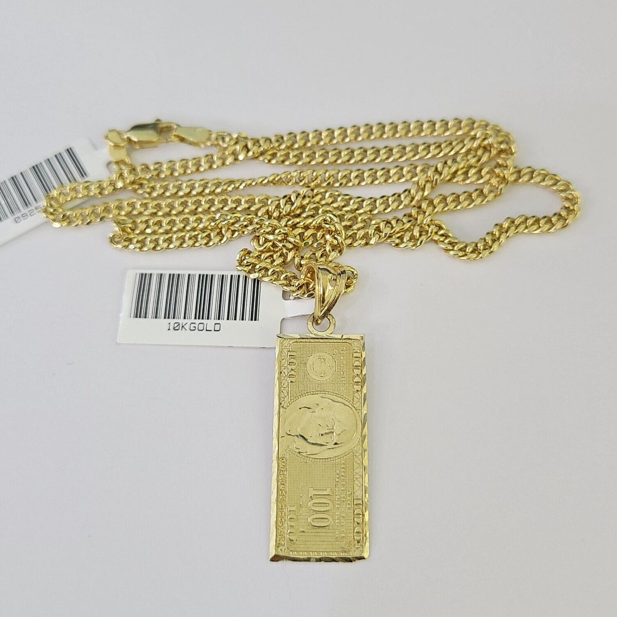 10K Gold Miami Cuban Chain 100 Dollar Bill 18"-28" 3mm REAL Pendant Ne ...