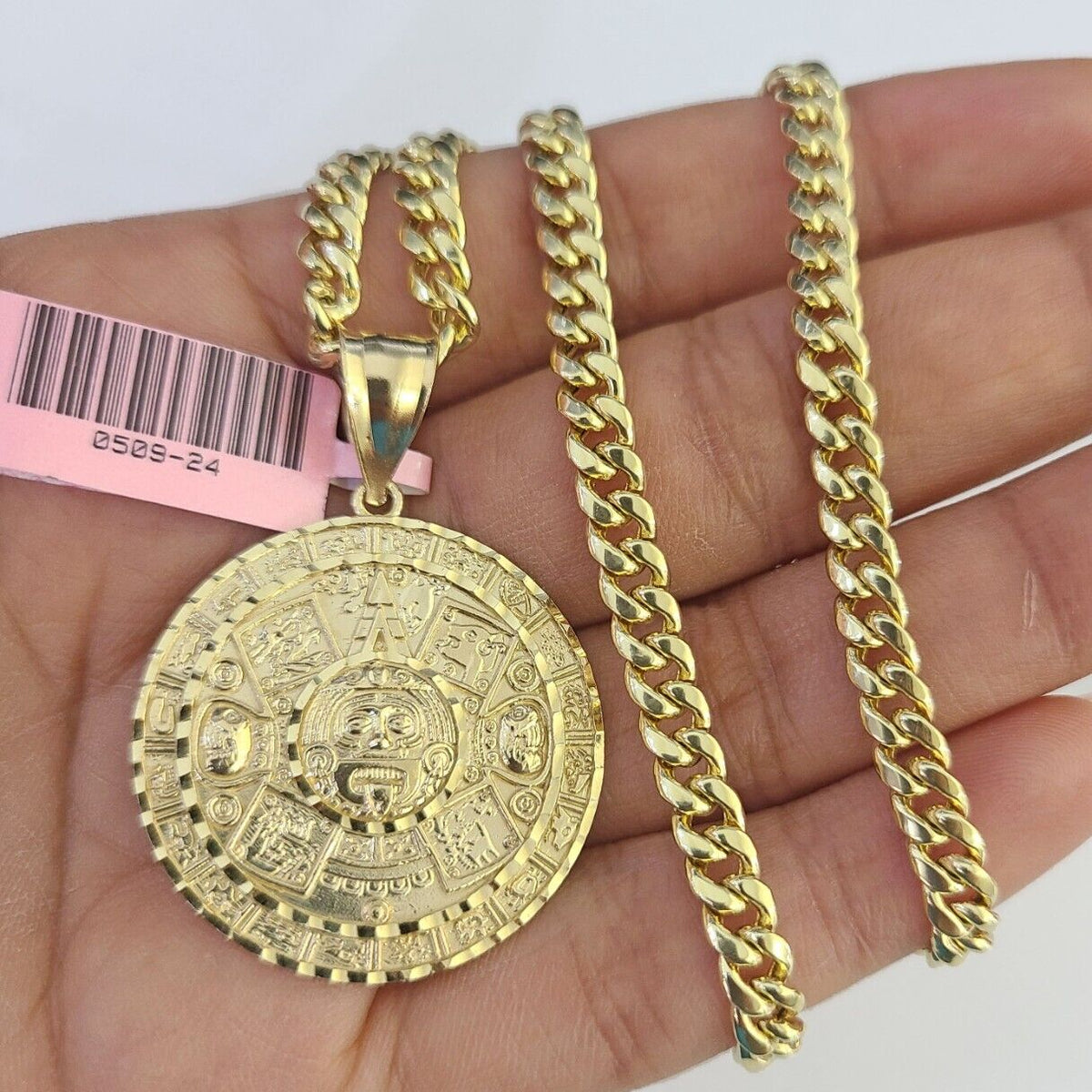 14k Chain Mayan Calendar Charm Set Miami Cuban Link 5mm 18"-30" Neckla ...