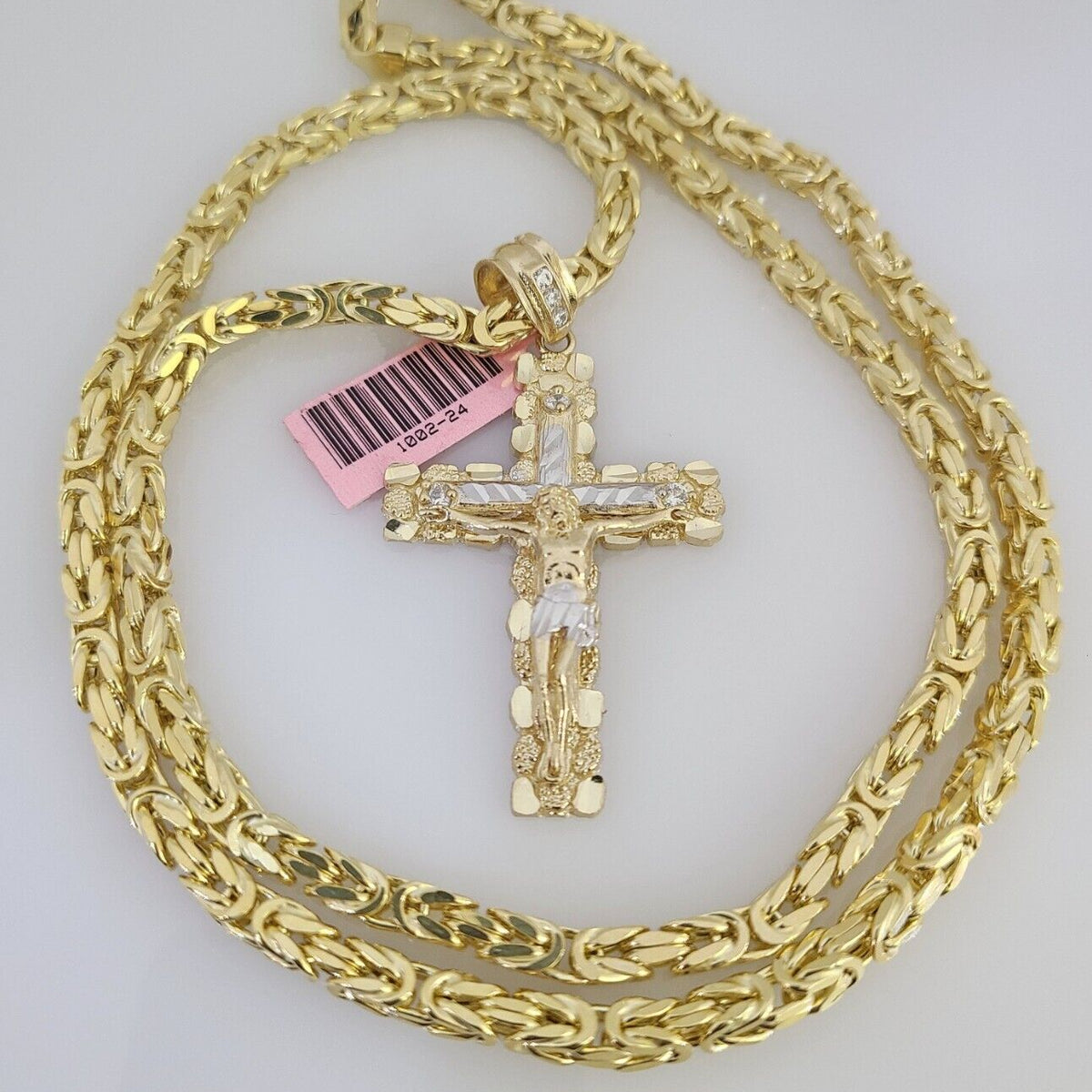 14K Gold Necklace Chain Jesus Nugget Cross Turkish Byzantine 4mm 24" P ...