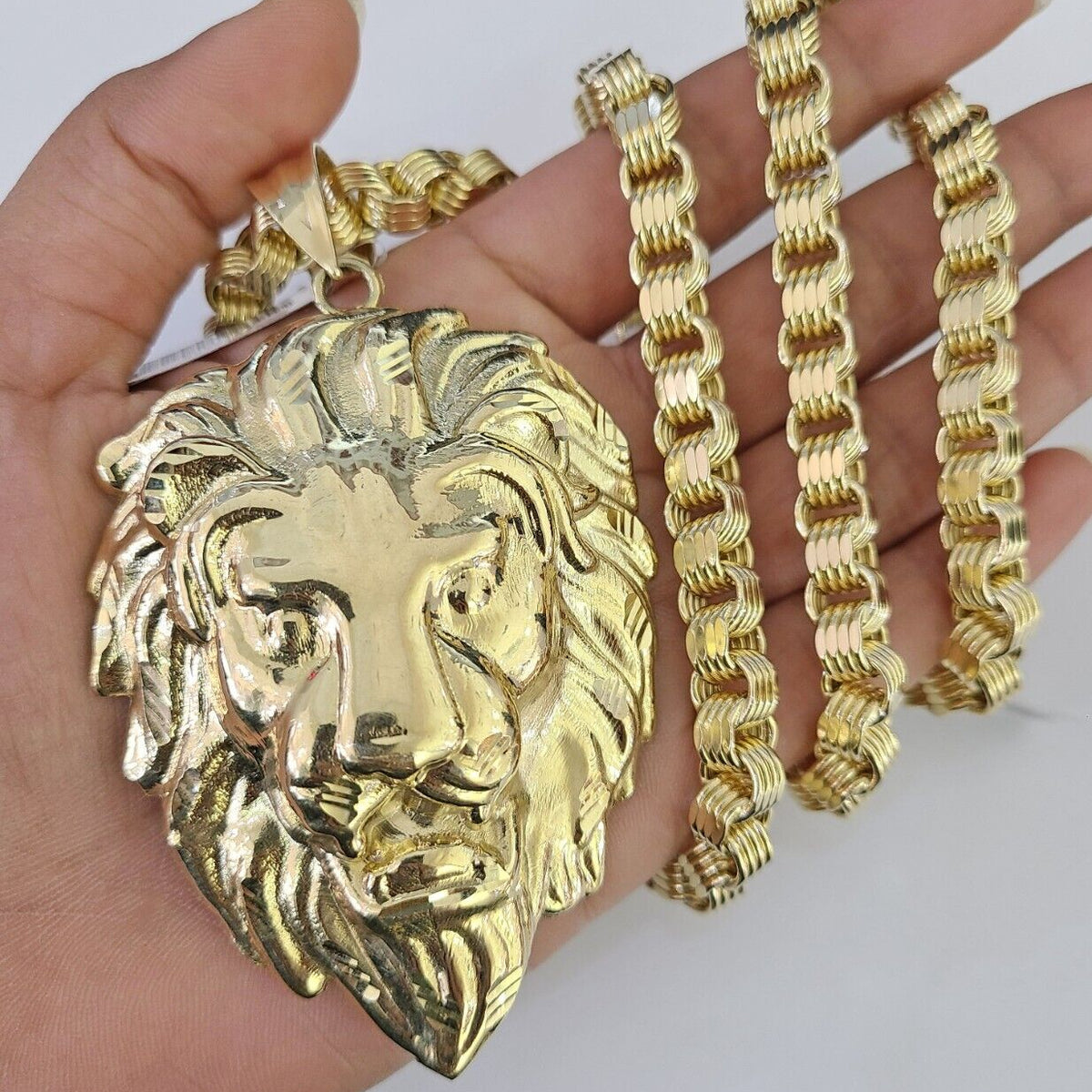 10k Gold Byzantine Chain Necklace Roaring Lion Pendant Charm SET 20"-3 ...