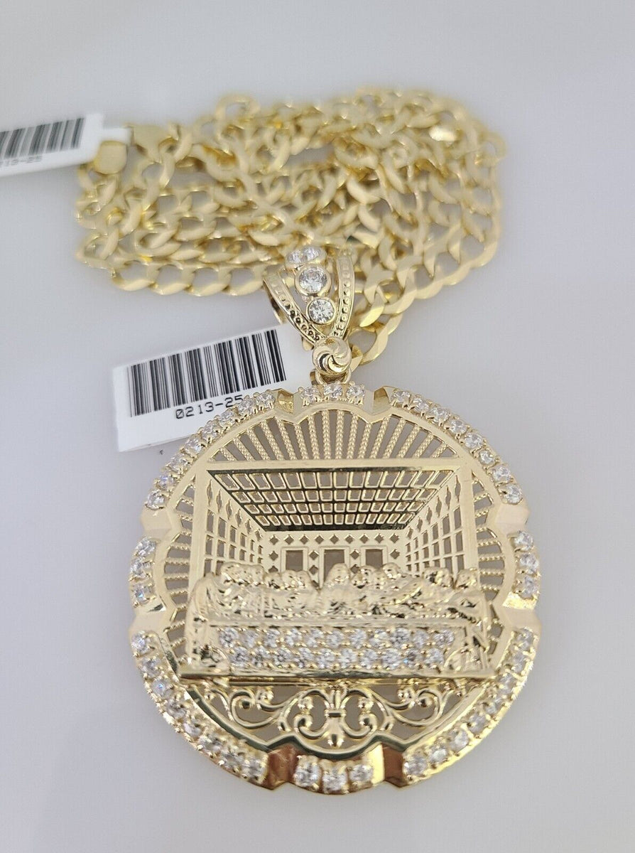10k Gold Solid Cuban Curb Chain Necklace Last Supper Pendant Set 6mm 2 ...