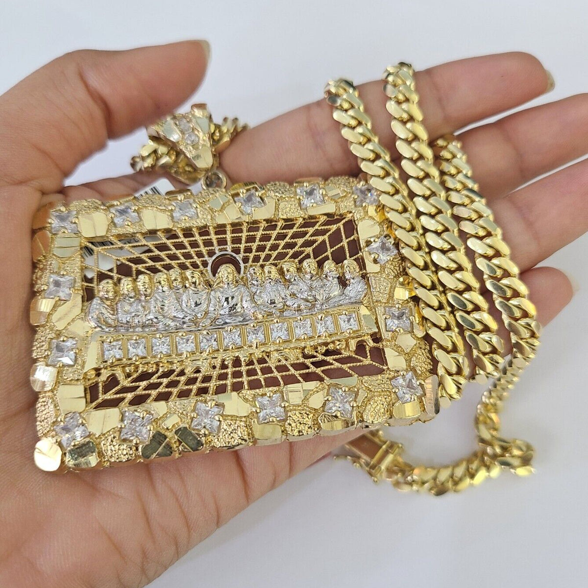 Real 14k Solid Chain Last Supper Charm Set Miami Cuban Link 6mm Neckla ...