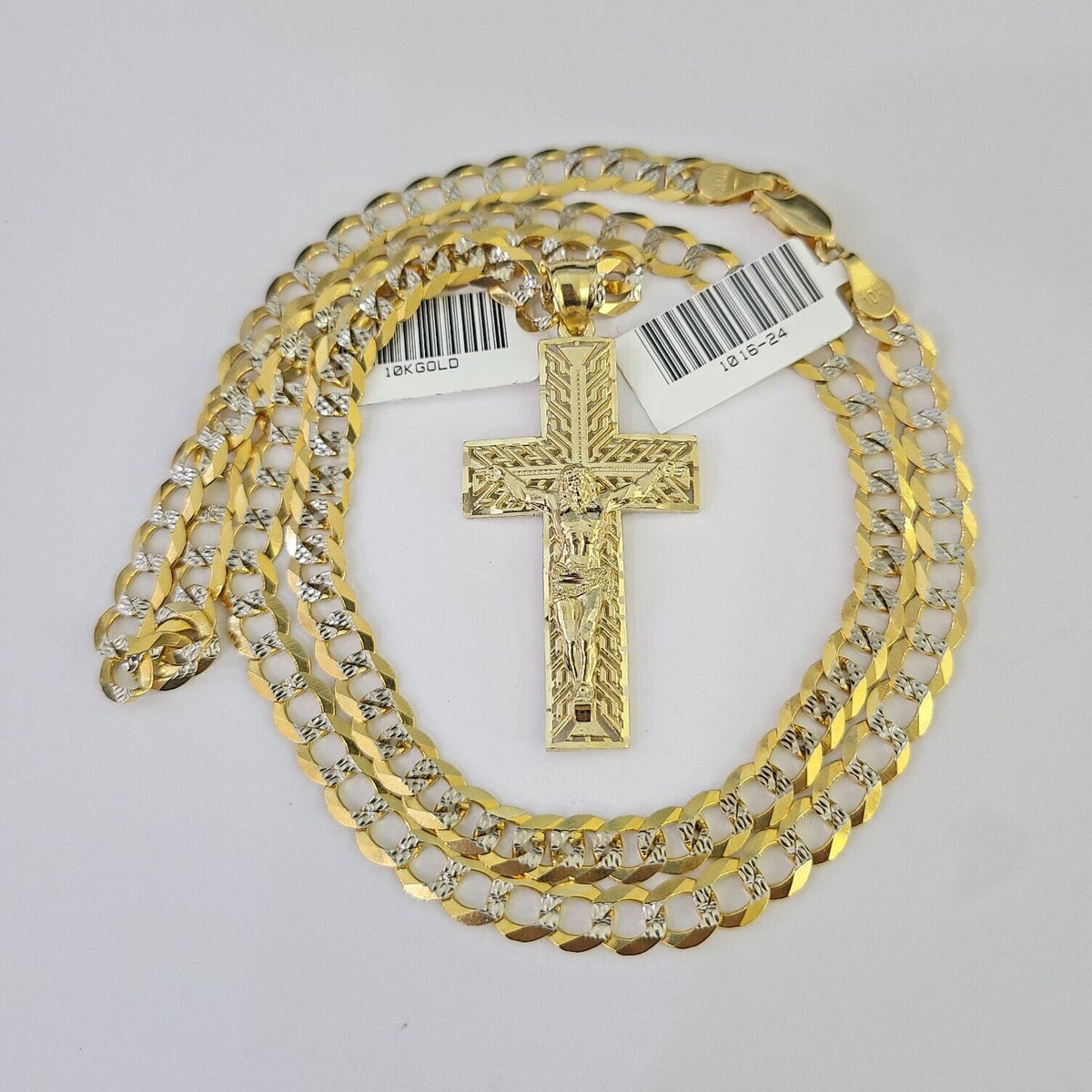 10k Solid Gold Cuban Curb Chain Jesus Cross Pendant 6mm 20"-30" SET Ne ...