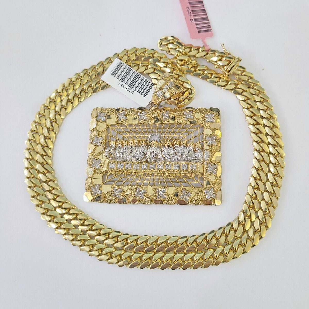 Real 14k Solid Chain Last Supper Charm Set Miami Cuban Link 6mm Neckla ...