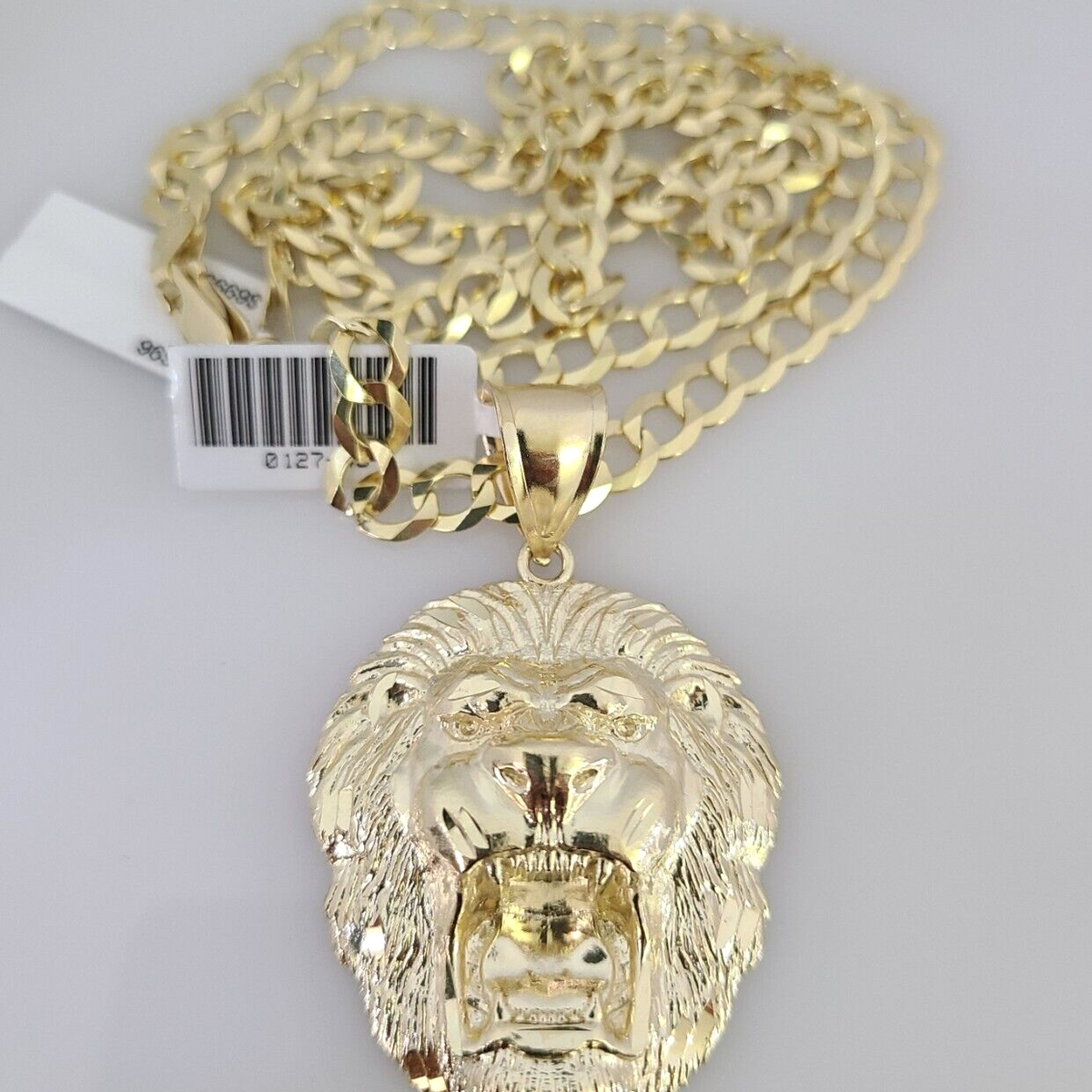 10k Gold Solid Cuban Curb Chain Necklace Roaring Lion Pendant Set 6mm ...
