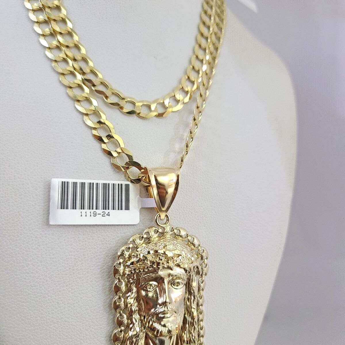 10k Gold Solid Cuban Curb Chain Necklace Jesus Head Pendant Set 6mm 20 ...