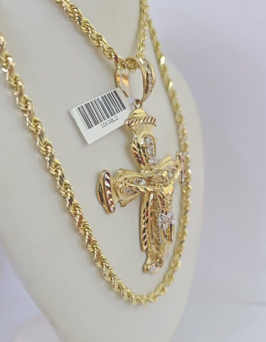 10k Solid Rope Chain Jesus Cross Charm Set 4mm 20"-28" Necklace Gold Y ...