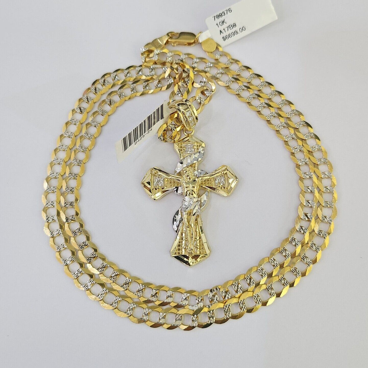 10k Solid Gold Cuban Curb Chain Jesus Cross Pendant 6mm 20"-30" SET Ne ...
