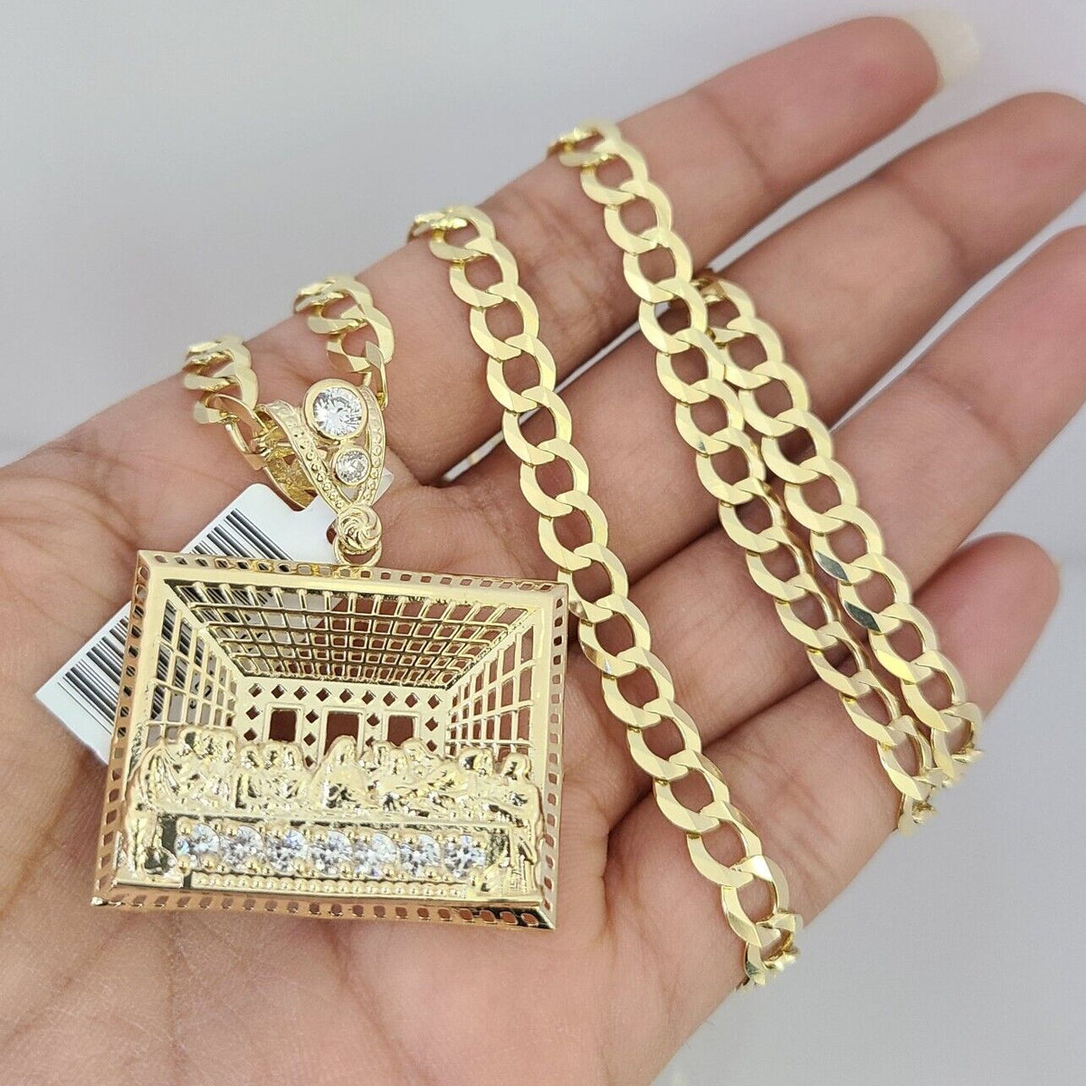 10k Gold Solid Cuban Curb Chain Necklace Last Supper Pendant Set 6mm 2 ...