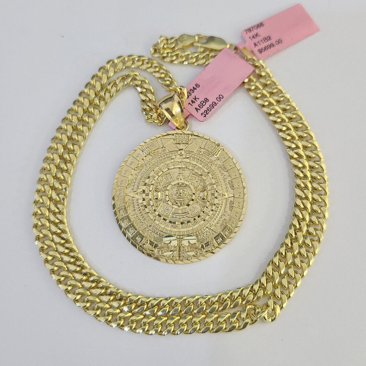 14k Chain Mayan Calendar Charm Set Miami Cuban Link 5mm 18"-30" Neckla ...