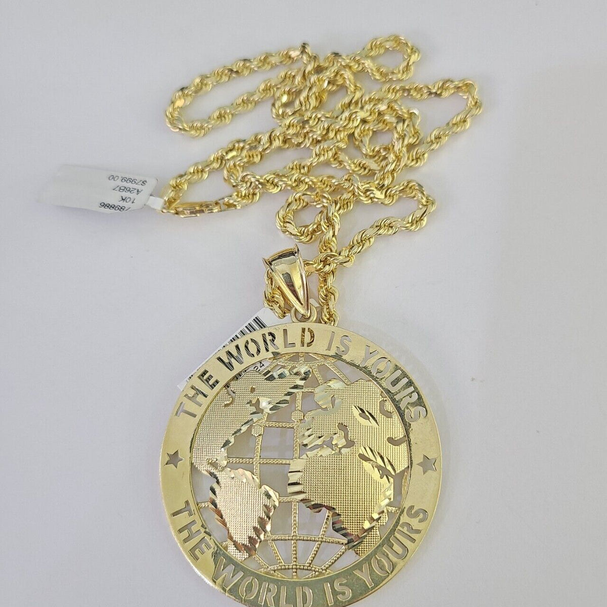 10k Solid Rope Chain World is Yours Charm Set 4mm 20"-28" Necklace Gol ...