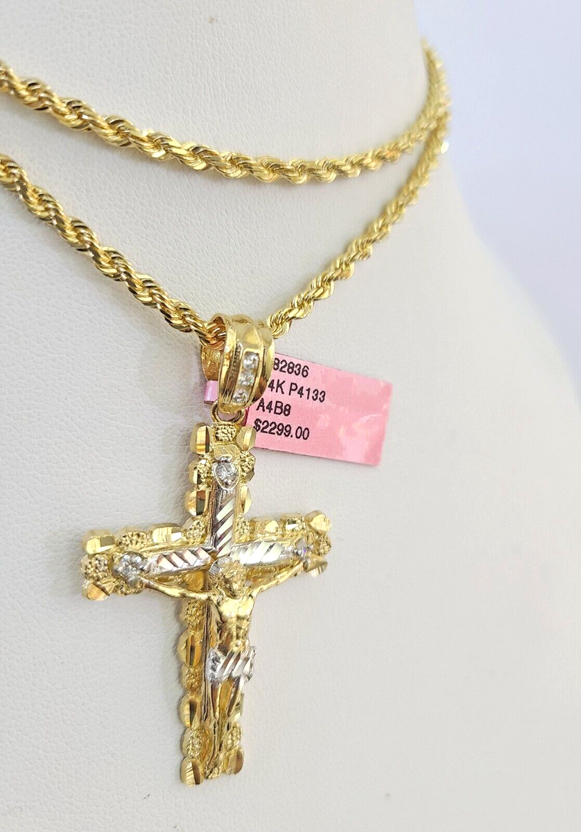 Real 14k Solid Rope Chain Jesus Nugget Cross Charm Set 3mm 18"-26" Nec ...