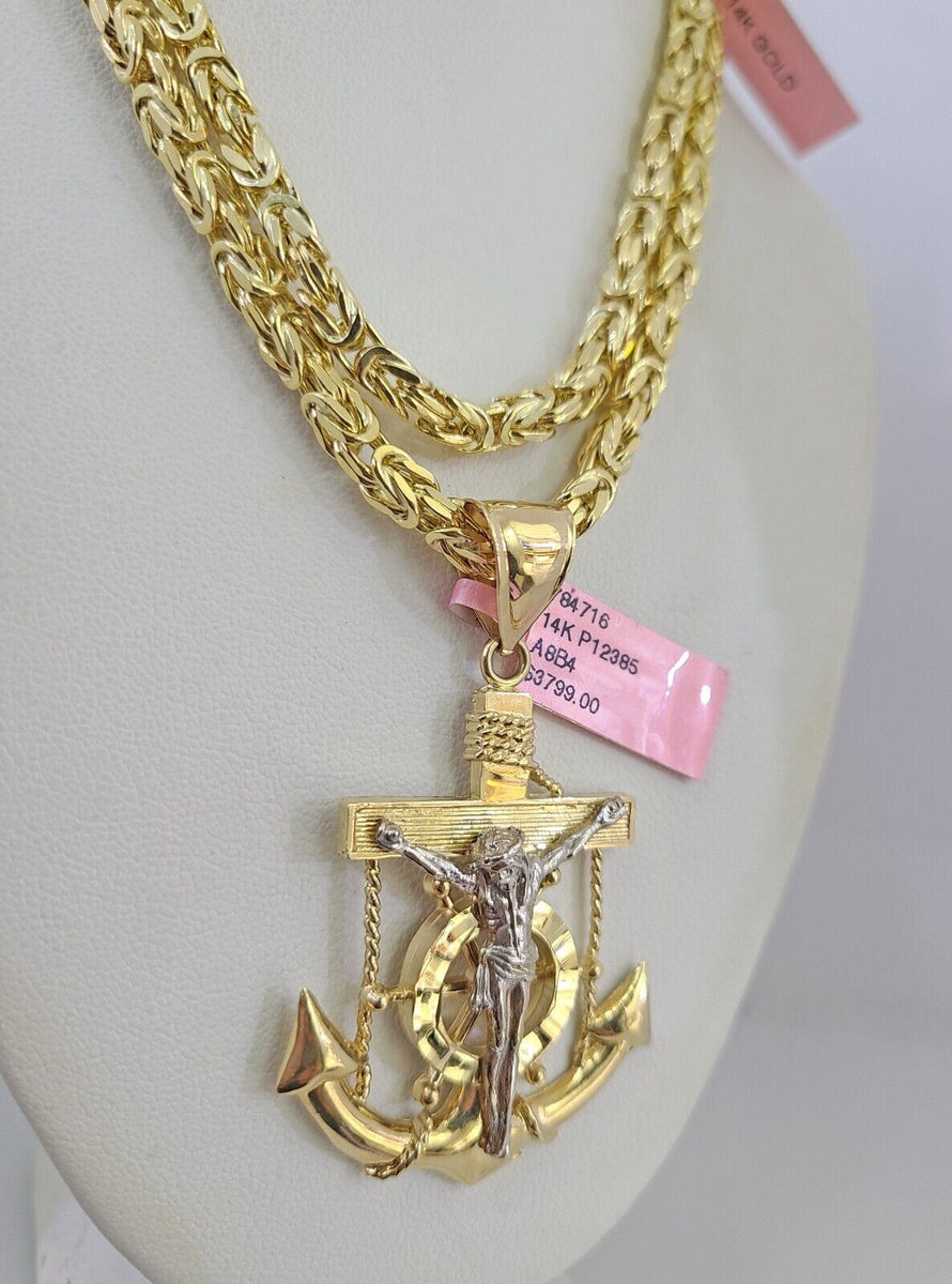 14K Gold Necklace Chain Jesus Anchor Charm Turkish Byzantine 4mm 24" P ...