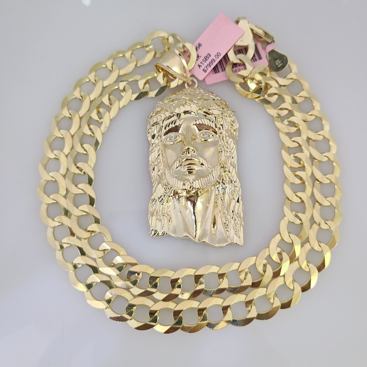 14k Gold Chain Jesus Head Charm Solid Cuban Curb 10mm 20"-30" SET Neck ...