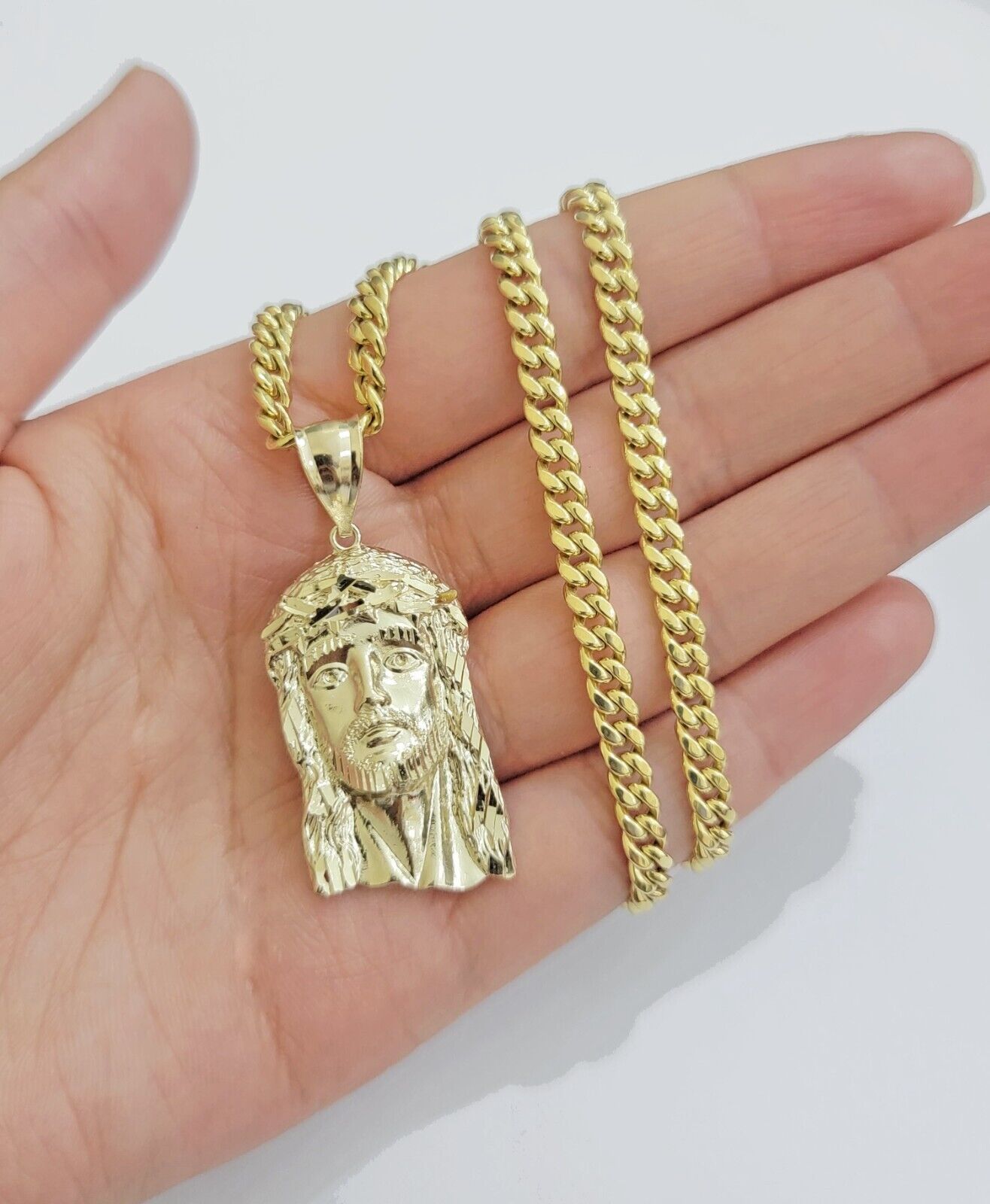 Mens 10K Gold Chain Necklace Charm Pendant Set 5mm Miami Cuban Link Jesus Face 18in