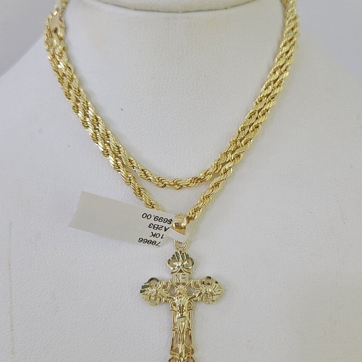 Real 10k 3mm Rope Chain Jesus Cross Pendant Charm 18" 20" 22" 24" 26 ...